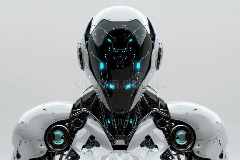 A Futuristic Robot with a White and Black Helmet and Glowing Blue Eyes ...