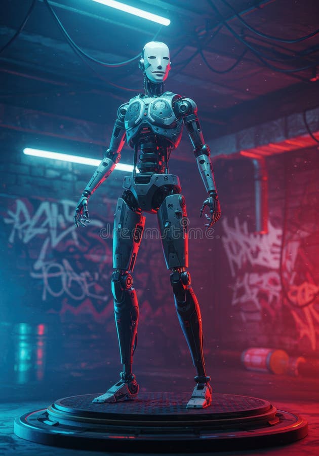 Futuristic Robot with White Mask in Urban Graffiti Alleyway Stock Image ...
