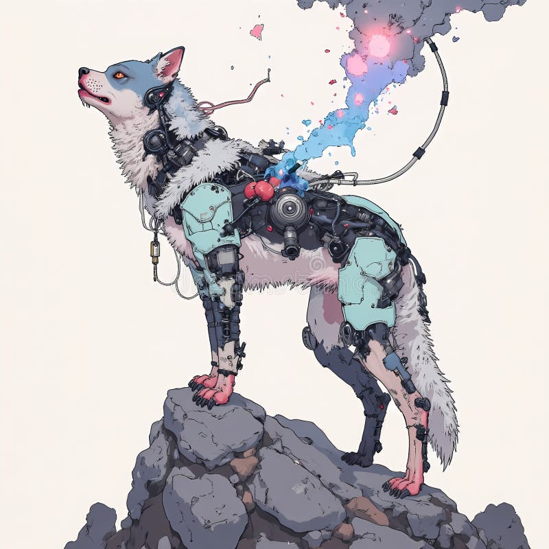 A Futuristic Robot Wolf Standing on a Rocky Cliff, White Background ...