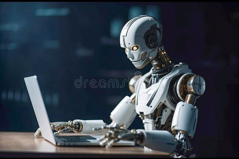 A Robot Sitting at a Desk Using a Laptop. Generative AI Stock ...