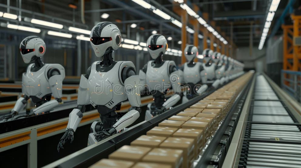 Futuristic Robot Workers Assembling Products on Factory Line Stock ...