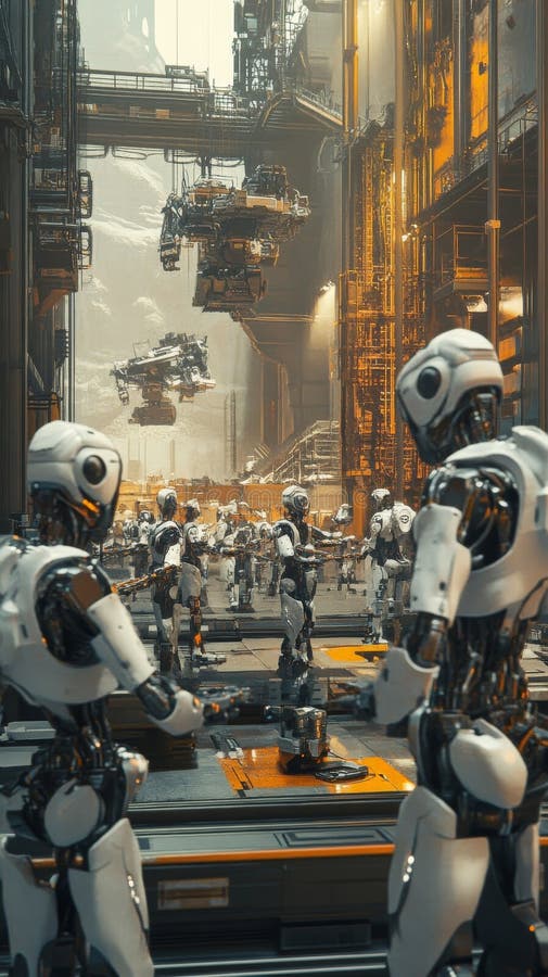 Futuristic Robot Workforce in Industrial Setting Stock Image - Image of ...