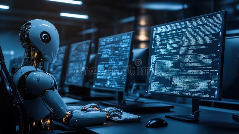 Futuristic Robot Working on Code at Computer Workstation Stock Photo - Image of software ...