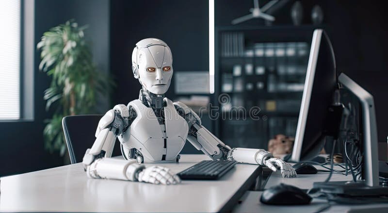 A Robot Sitting at a Desk in Front of a Computer. Generative AI Stock Illustration ...