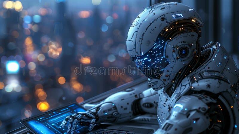 Futuristic Robot Working on Computer - Generative Ai Stock Illustration ...