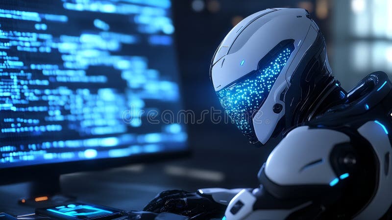 Futuristic Robot Working on Computer a Futuristic Robot with Illuminated Features Engages with a ...