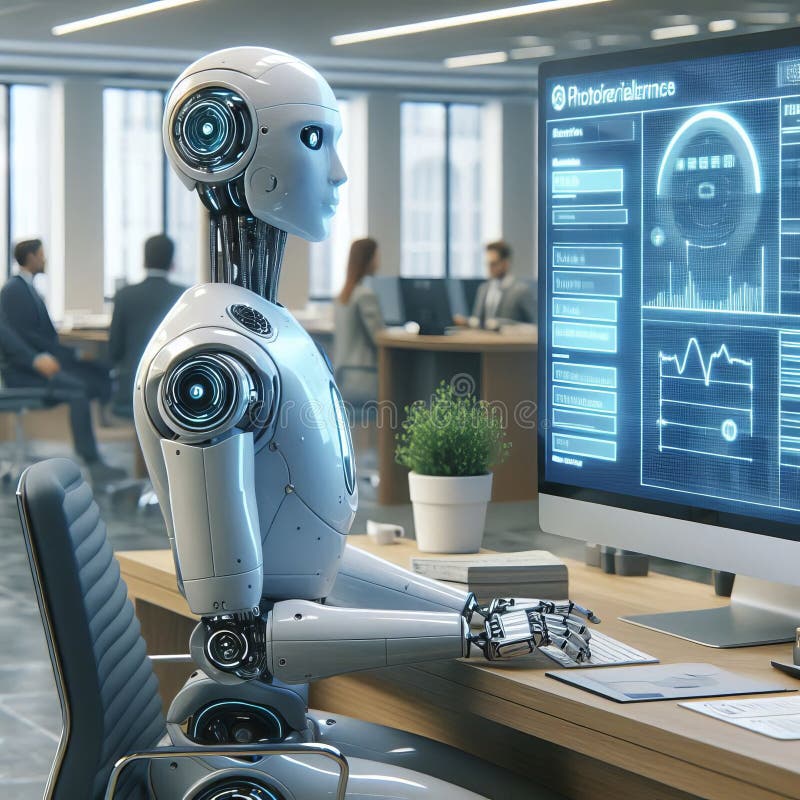 Futuristic Robot Working at a Desk in an Office Setting Stock Image ...