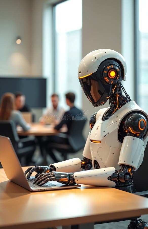 Cyborg work on computer stock illustration. Illustration of desk ...