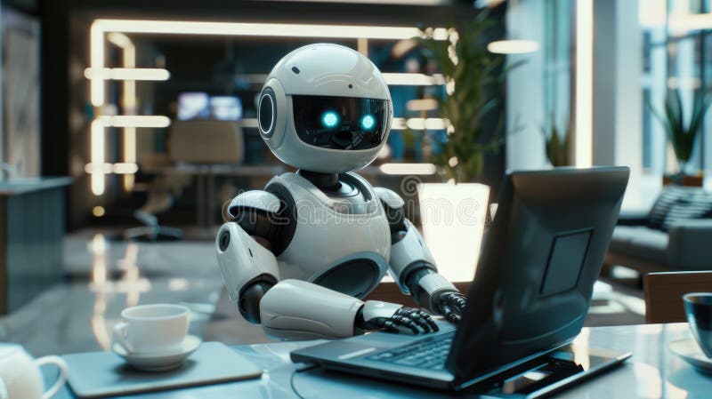 Futuristic Robot Working in Modern Office with Laptop, Technology ... Futuristic Robot Working in Modern Office with Laptop, Technology ...