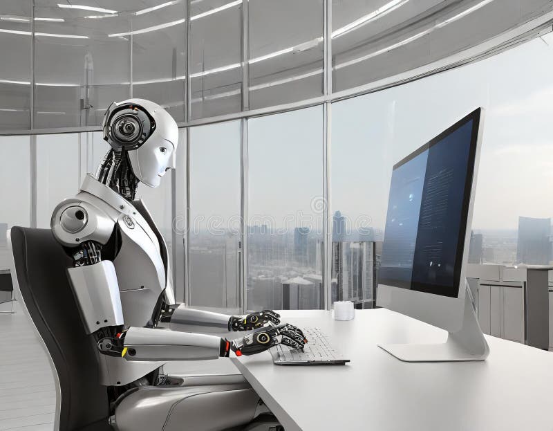 Futuristic Robot Working at Office Desk Stock Illustration ...