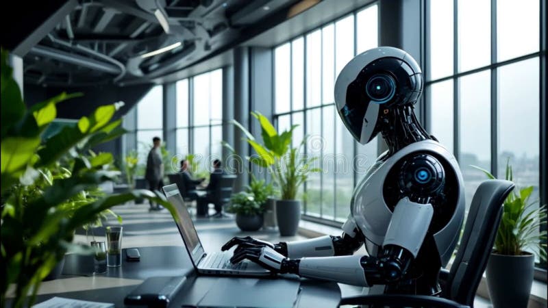 Futuristic Robot Works at a Computer in an Eco-friendly Office. AI ...