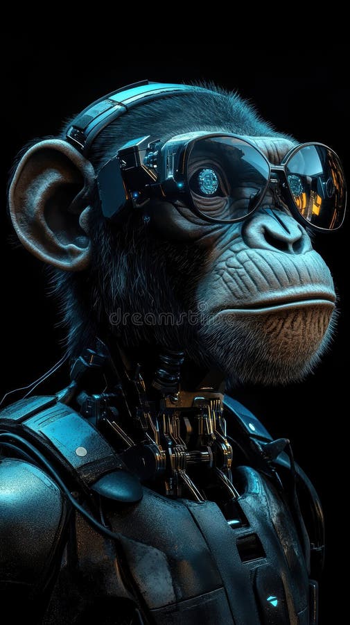 Futuristic Robotic Ape with High-Tech Sunglasses in a Dark Environment ...