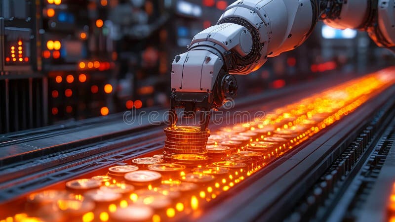 A Futuristic Robotic Arm Assembling Glowing Coins on a High-tech ...
