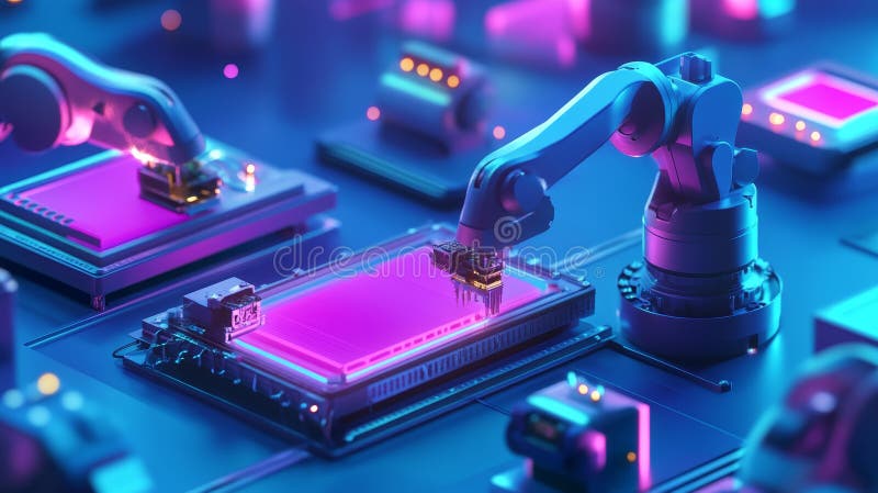 Futuristic Robotic Arm Assembling a Vibrant Electronic Circuit in a ...