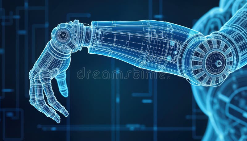 Futuristic Robotic Arm Design. Detailed Blueprint Displays Complex Tech ...