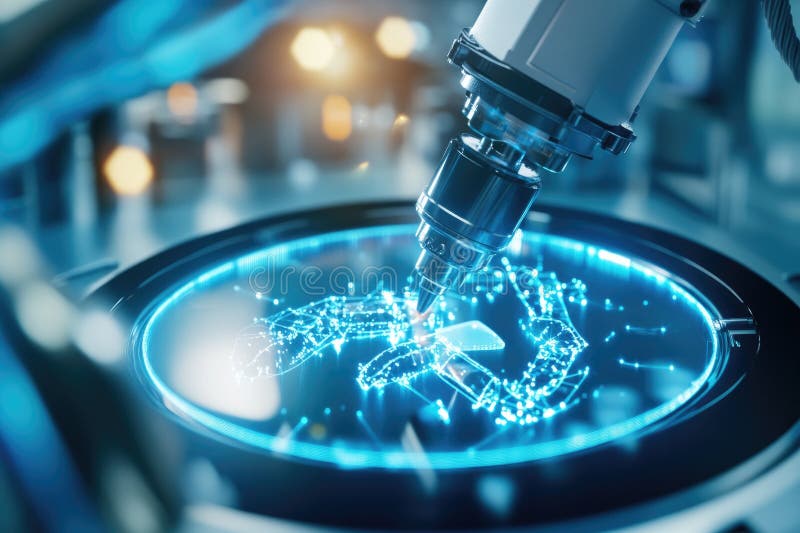 Futuristic Robotic Arm Engraving a Holographic Circuit on Glass Surface ...