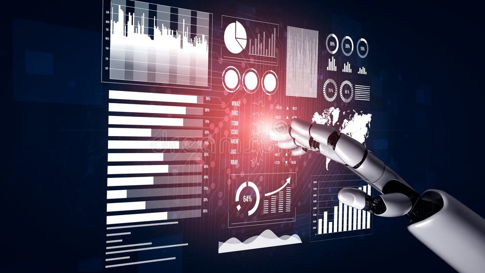 Futuristic Robotic Arm Interacting with Data Visualization Screens in a ...