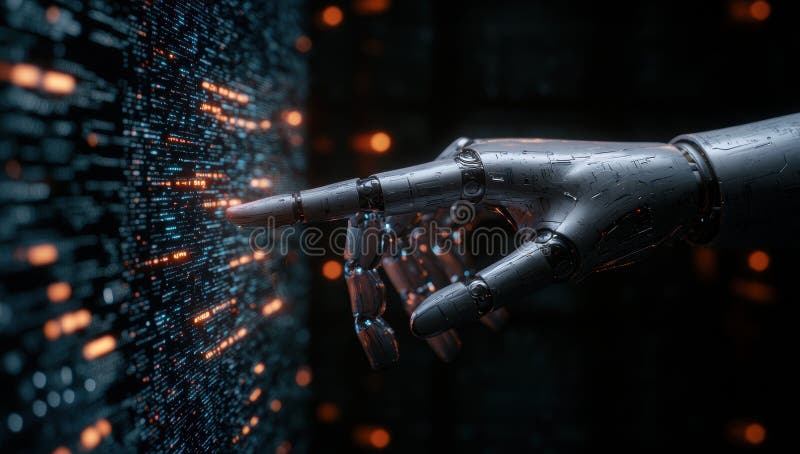 Futuristic Robotic Arm Interacting with Digital Data Stock Illustration ...