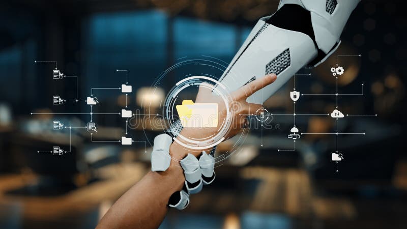 Futuristic Robotic Arm Interacting with Digital File Folder Interface ...