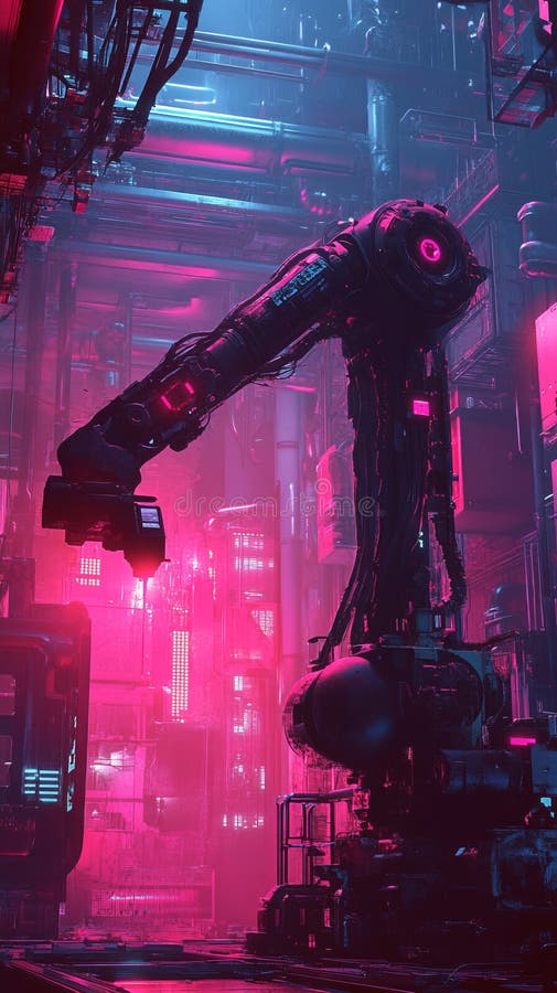 Futuristic Robotic Arm in Neon Lit Industrial Environment with Cyberpunk Aesthetic Stock ...