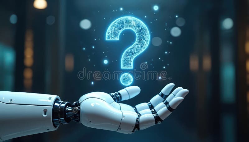 Futuristic Robotic Arm Presenting Glowing Hologram Question Mark ...