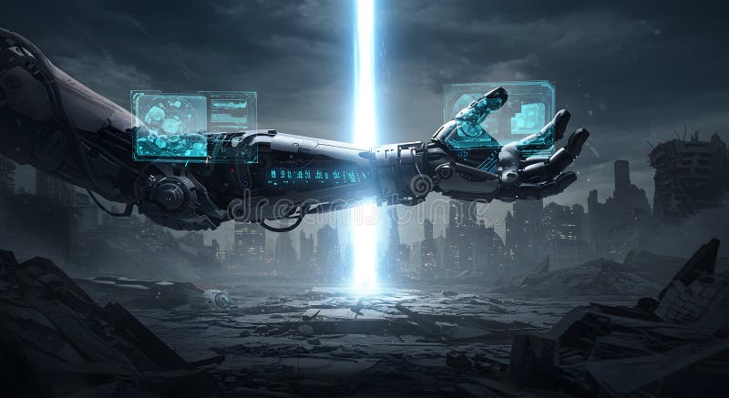 Futuristic Robotic Arm Reaching Across a Destroyed Cityscape Stock ...