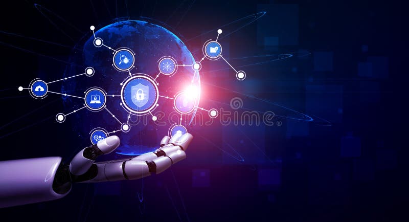 Futuristic Robotic Arm Reaching Towards Digital Globe with Connected Technology Icons ...