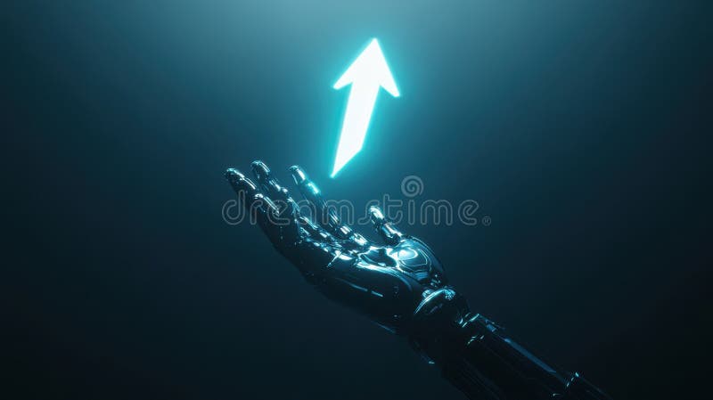 Futuristic Robotic Arm Reaching Towards Glowing Arrow Symbolizing ...