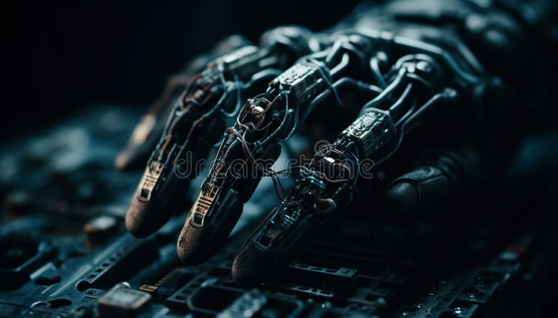 Futuristic Robotic Cyborg with Metallic Torso and Blue Robotic Arm ...