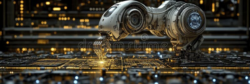 Futuristic Robotic Arm Working on a Digital Circuit Stock Illustration ...