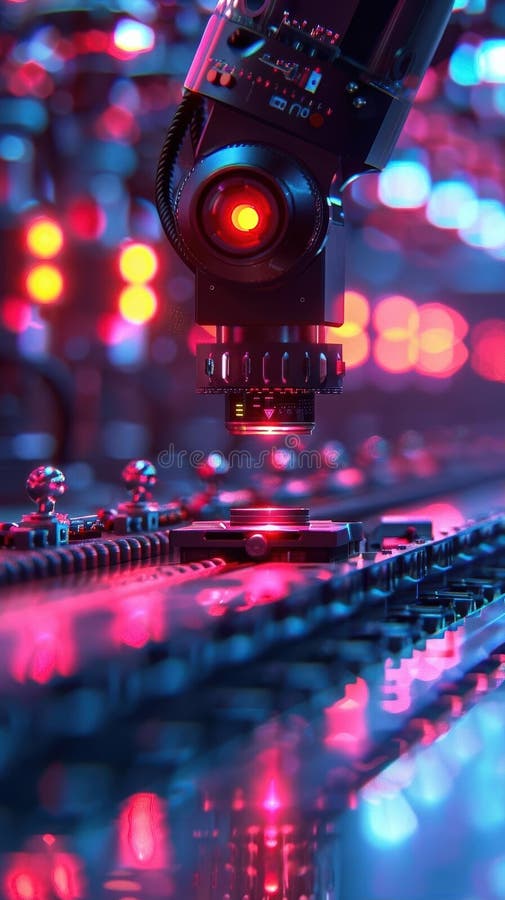 Futuristic Robotic Arm Working in a Neon-lit Lab with Red and Blue ...