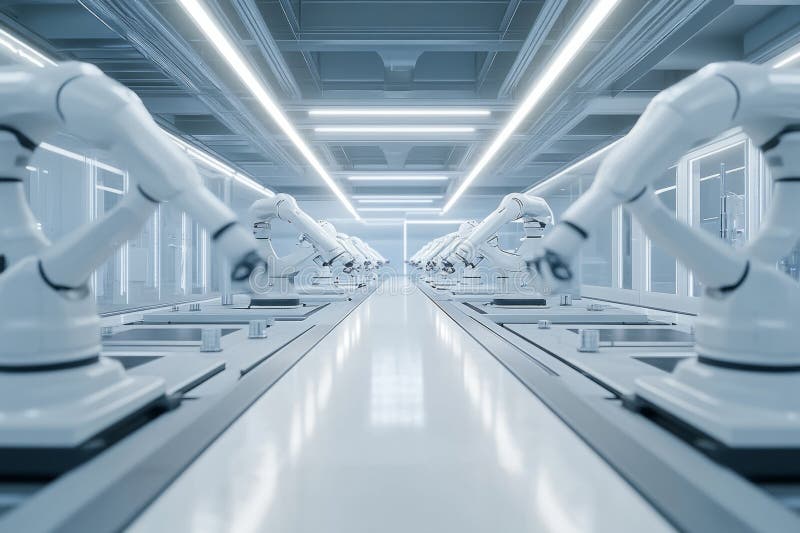 Futuristic Robotic Arms are Arranged in a High-tech Manufacturing Space ...