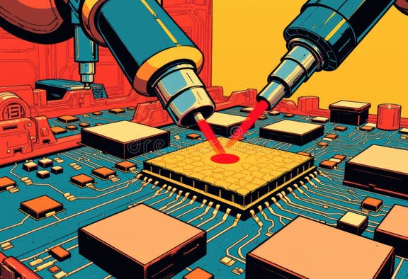 Futuristic Robotic Arms Using Lasers on a Computer Circuit Board Stock ...