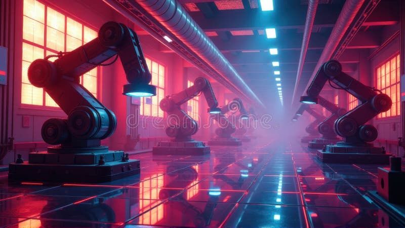 Futuristic Robotic Assembly Line in Neon Lighting. Stock Illustration ... Futuristic Robotic Assembly Line in Neon Lighting. Stock Illustration ...