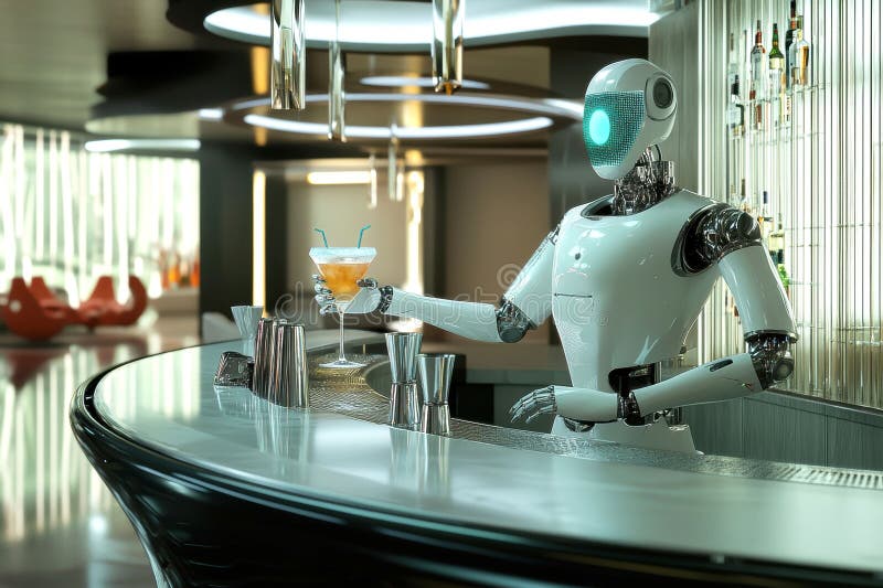 Futuristic Robotic Bartender Serving Cocktails in a Modern Bar Setting ...