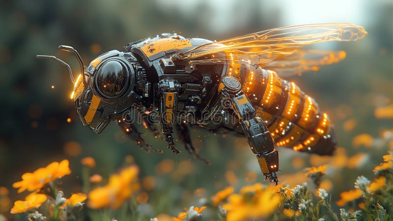 Futuristic Robotic Bee in Flight Above Yellow Flowers Stock ...