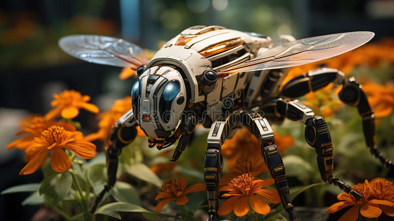 A Futuristic Robotic Bee with Glowing Blue Eyes is Perched on a Flower ...