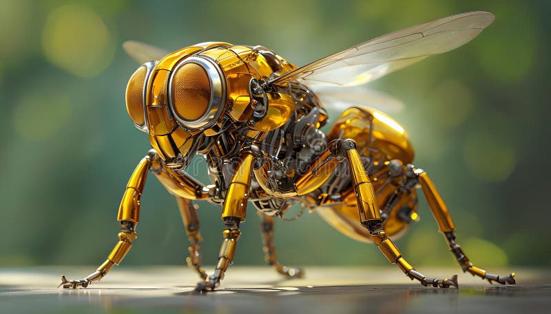 Futuristic Robotic Bee in Gold Tones on Blurred Green Background, Tech ...