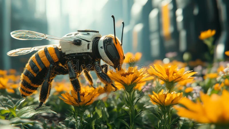 Futuristic Robotic Bee Pollinating Vivid Yellow Flowers in a Lush ...