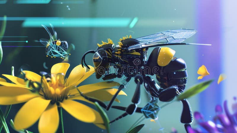 Futuristic Robotic Bees Pollinating Flowers Stock Photo - Image of technological, robotic: 350657240