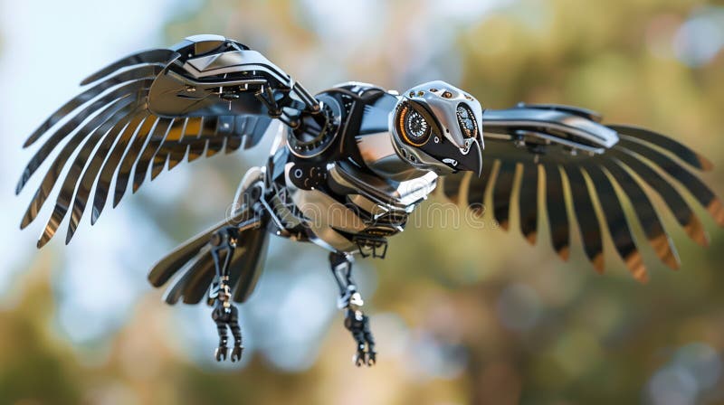 Futuristic Robotic Bird in Flight with Metallic Wings and Glowing ...