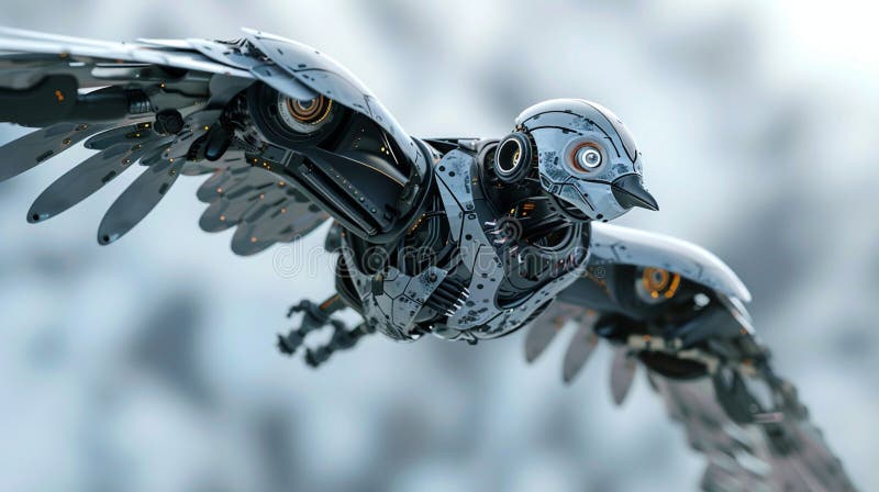 Futuristic Robotic Bird in Flight with Metallic Wings and Glowing ...