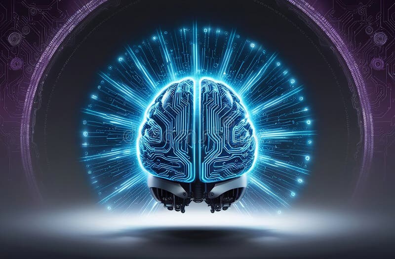 A Futuristic Robotic Brain with Glowing Blue Circuitry Radiates in a ...