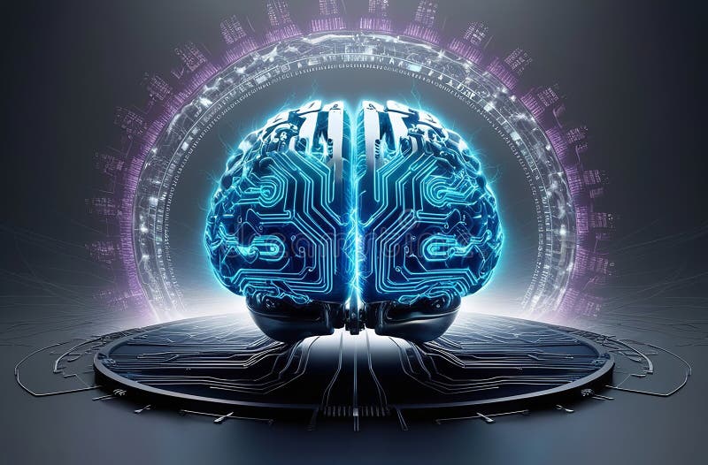 A Futuristic Robotic Brain with Glowing Blue Circuitry Radiates in a ...