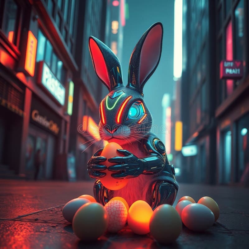 Futuristic Robotic Bunny Holding Glowing Egg in Neon Alley with Sci-Fi ...