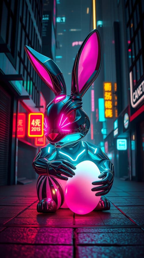 Futuristic Robotic Bunny Holding Glowing Egg in Neon Alley with Sci-Fi ...
