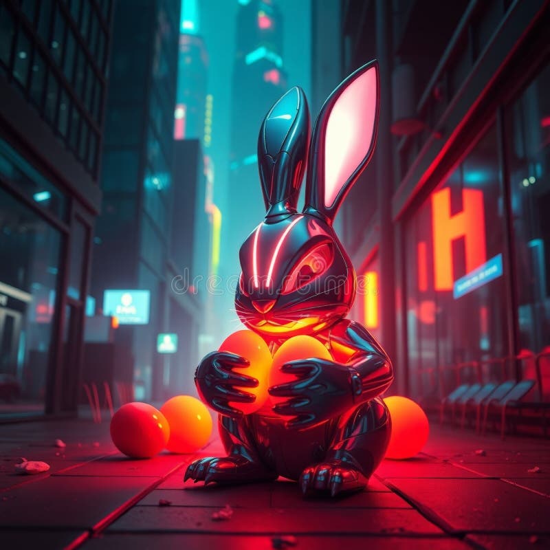 Futuristic Robotic Bunny Holding Glowing Egg in Neon Alley with Sci-Fi ...