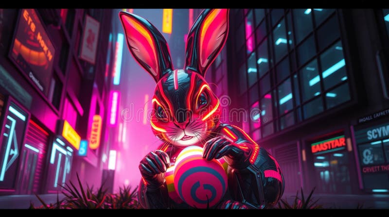 Futuristic Robotic Bunny Holding Glowing Egg in Neon Alley with Sci-Fi ...