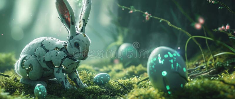 Futuristic Robotic Bunny or Rabbit Surrounded by Digital Eggs in ...