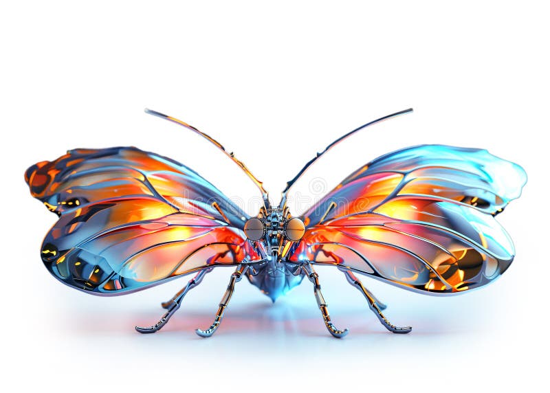 Futuristic Robotic Butterfly with Vibrant Chrome Wings on White ...